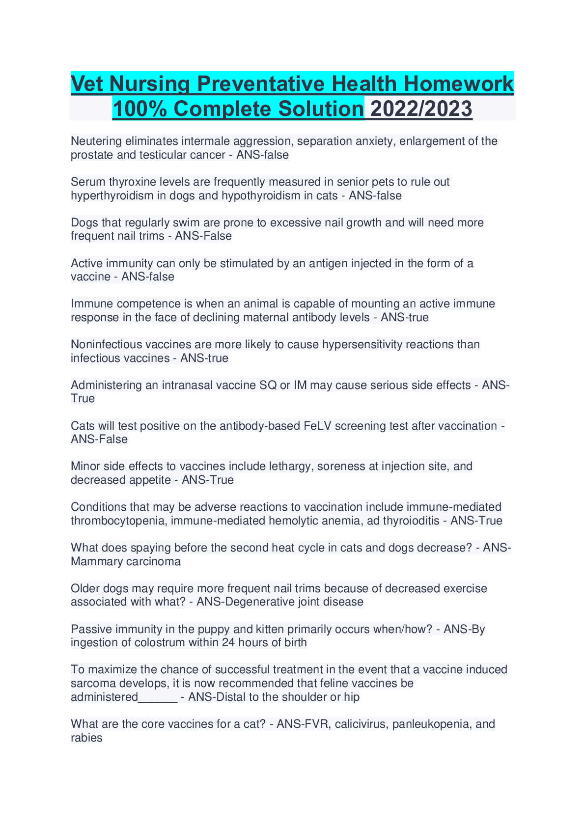 Vet Nursing Preventative Health Homework 100% Complete Solution 2022/2023 - Scholarfriends